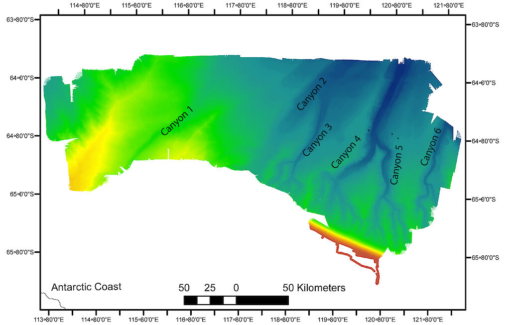 Antarctic submarine canyons revealed during sea floor sediment survey ...